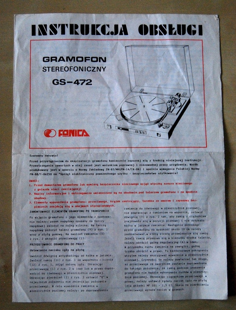 instrukcja schemat gramofon unitra fonica gs-472 - 7530101185 ...